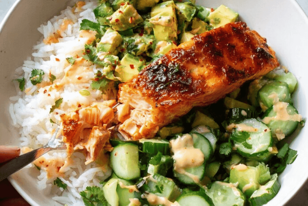 Bang Bang Salmon with Avocado Cucumber Salsa - delicedcook.com